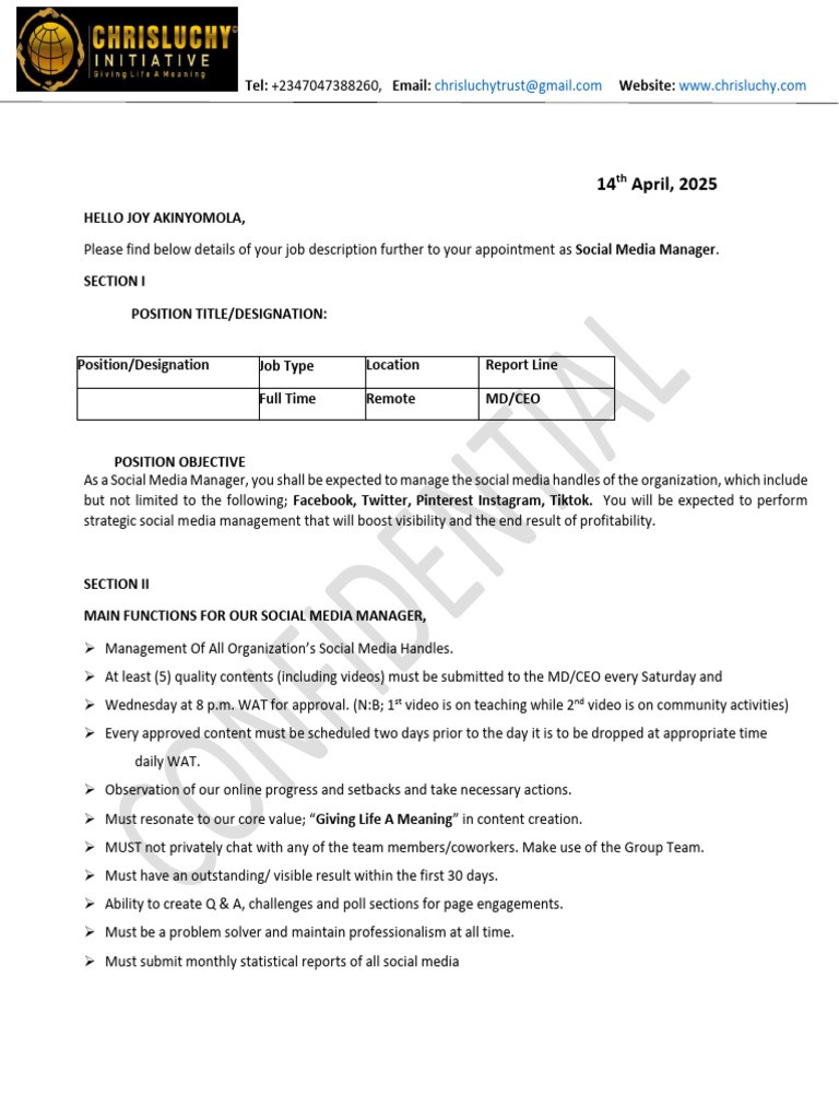Social Media Manager Job Description Joy Akin | PDF | Business
