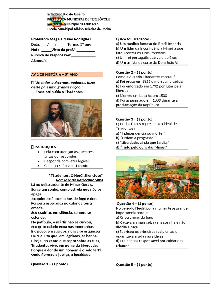 AV 2 HIST 5 ANO | PDF | Neolítico