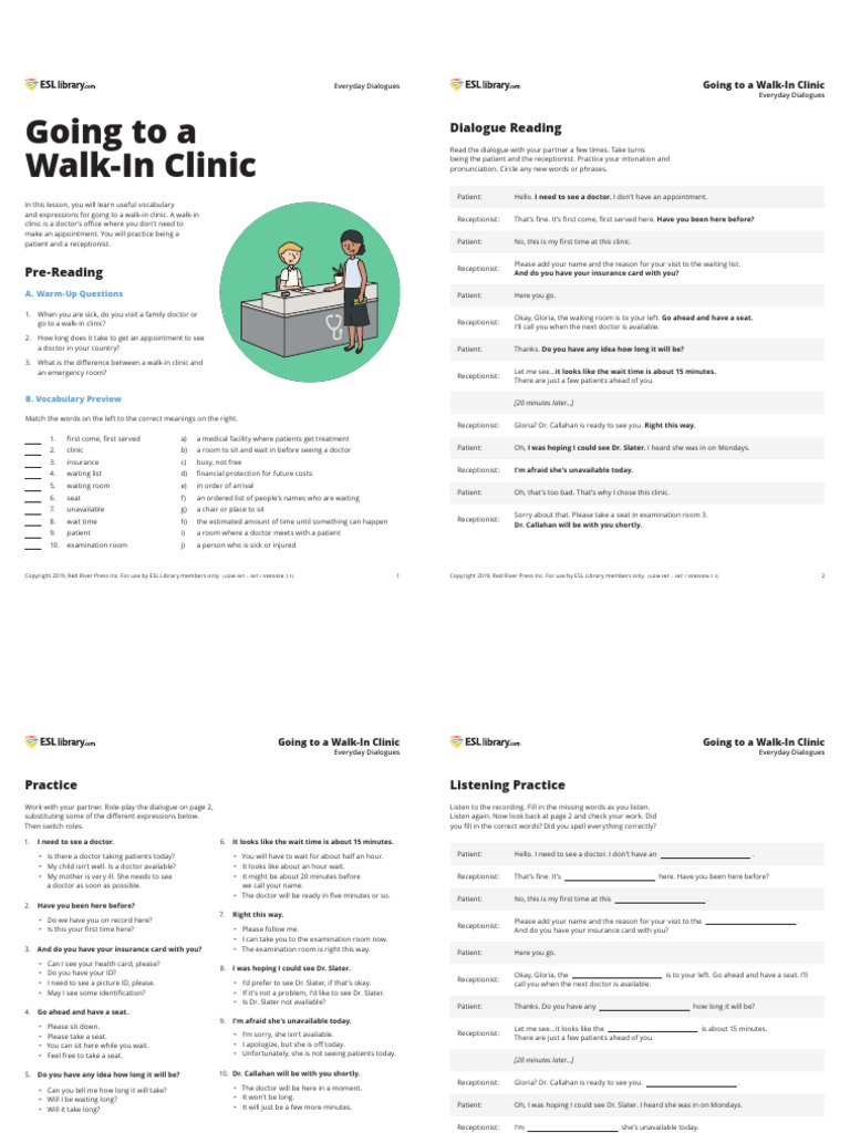 Walk-In Clinic Vocabulary and Dialogue Guide | PDF