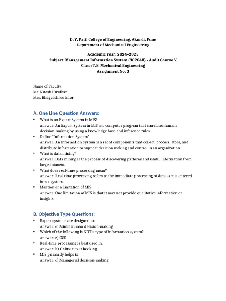 MIS Assignment Answers 3rd | PDF
