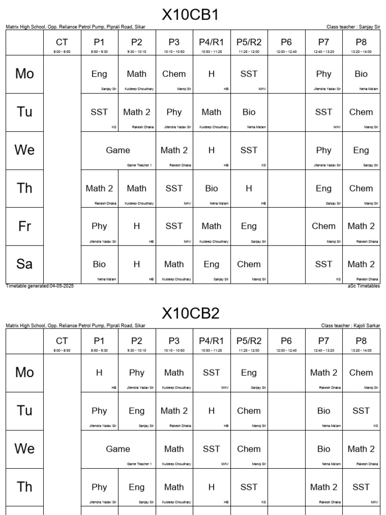 Class Timetable for Matrix High School | PDF