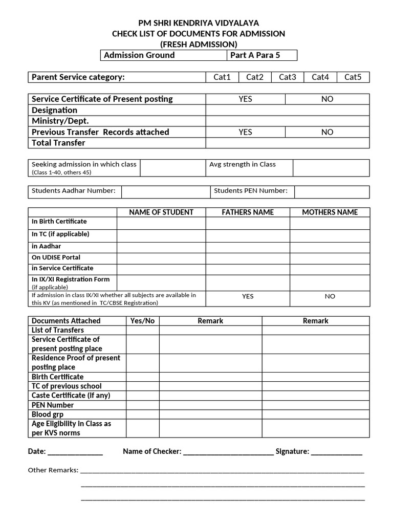 Admission Checklist Other Fresh Admission | PDF