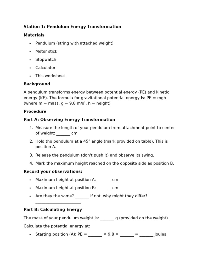 Energy Transformation Experiments Guide | PDF | Potential Energy | Pendulum