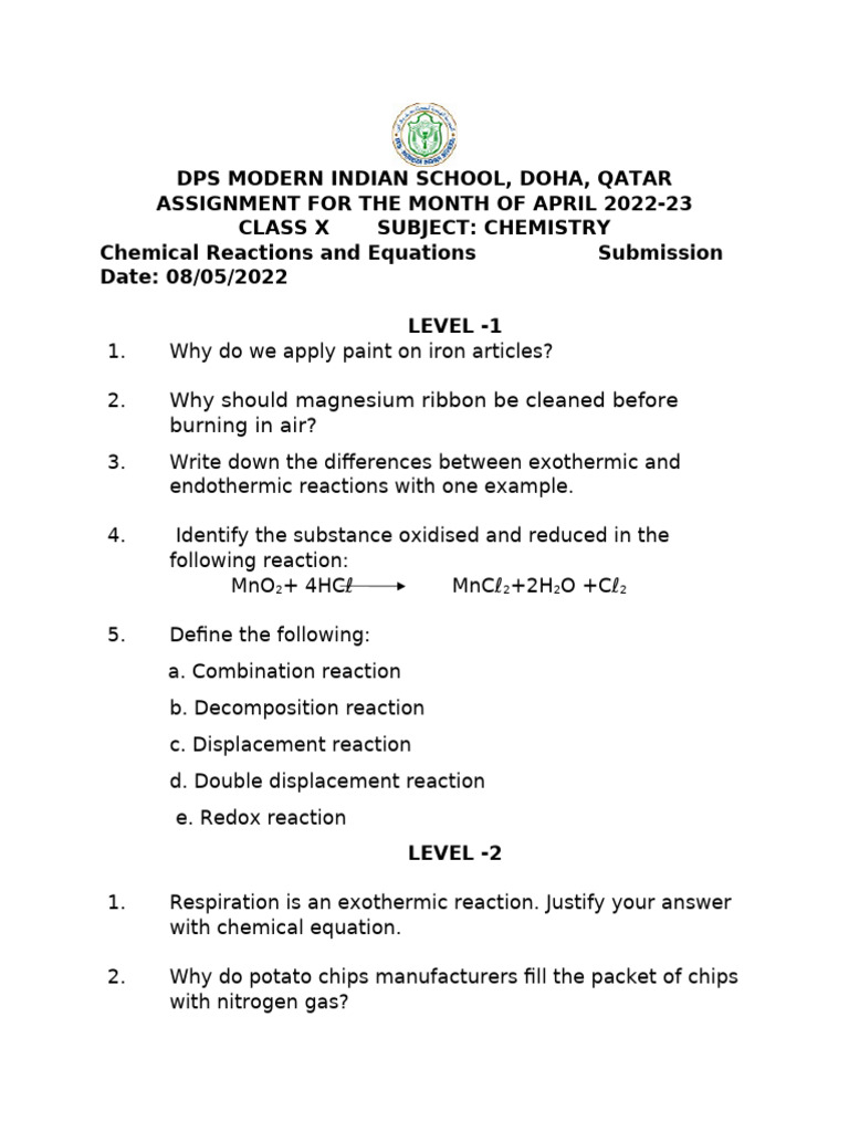 Class 10 Chemistry Assignment: April 2022 | PDF | Chemical Reactions ...