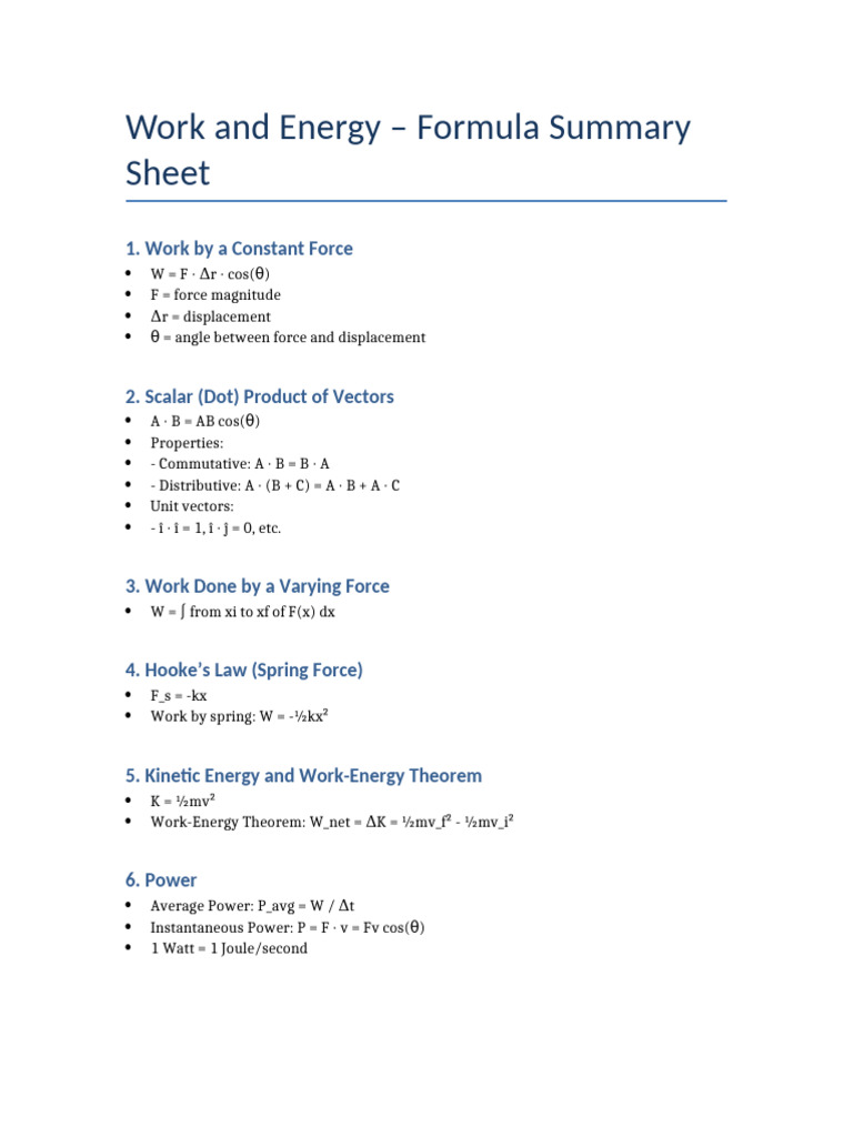 Work and Energy Formula Sheet | PDF