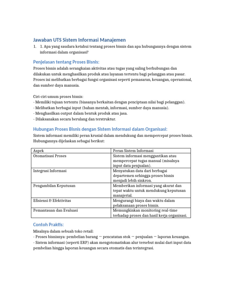 Jawaban UTS SIM Proses Bisnis Dan Sistem Informasi | PDF
