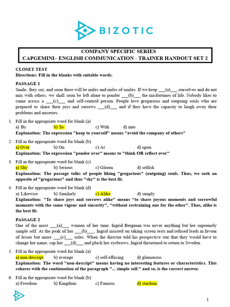 Capgemini 2024 - English Communication Trainer Handout Set 2 | PDF