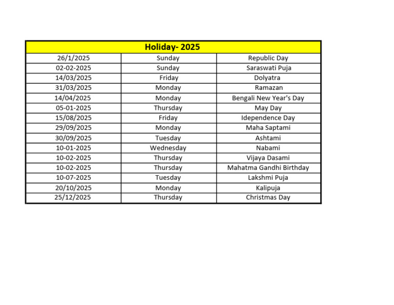 Holiday List | PDF