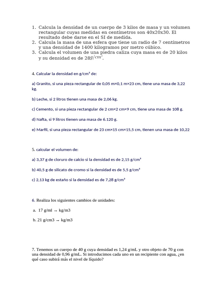 Cálculos de Densidad y Volumen en Física | PDF
