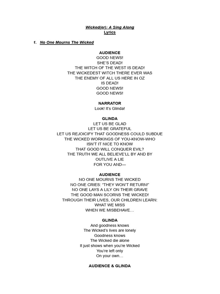 Wicked Musical Lyrics Overview | PDF | Wizard Of Oz (Character ...