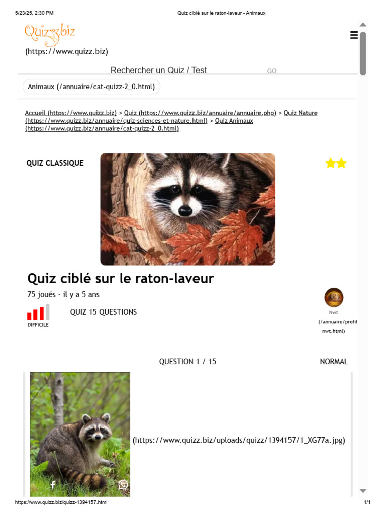 Quiz Ciblé Sur Le Raton-Laveur - Animaux | PDF