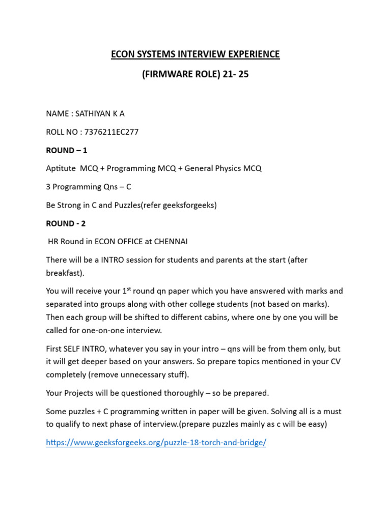 Econ Systems Interview Experience | PDF