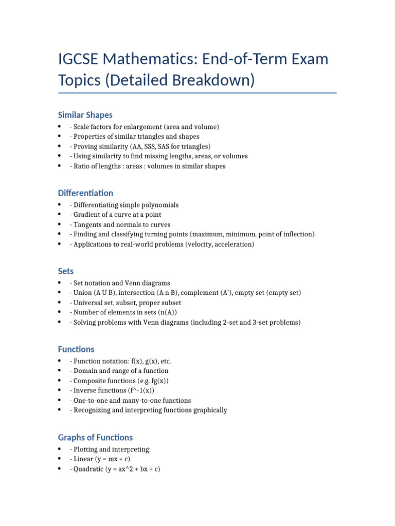 IGCSE Math Exam Topics Detailed | PDF | Function (Mathematics) | Equations