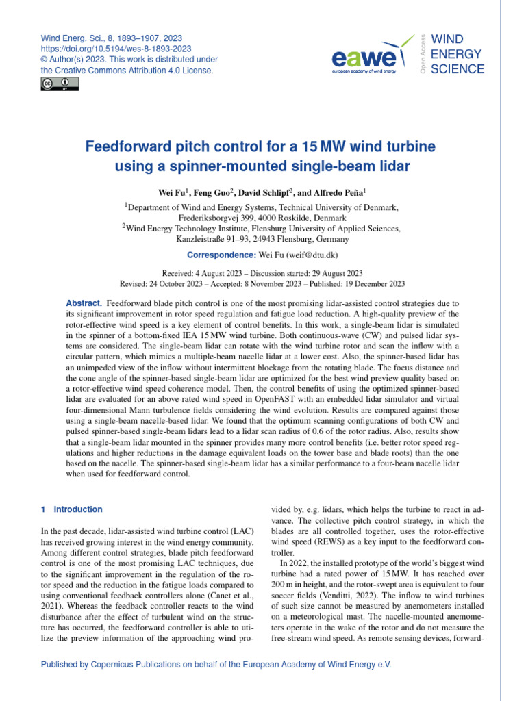 2023-Pena-Feedforward Pitch Control For A 15 MW Wind Turbine Using A ...