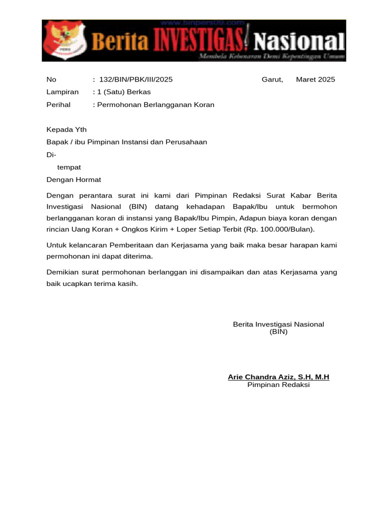 Permohonan Berlangganan Koran BIN | PDF