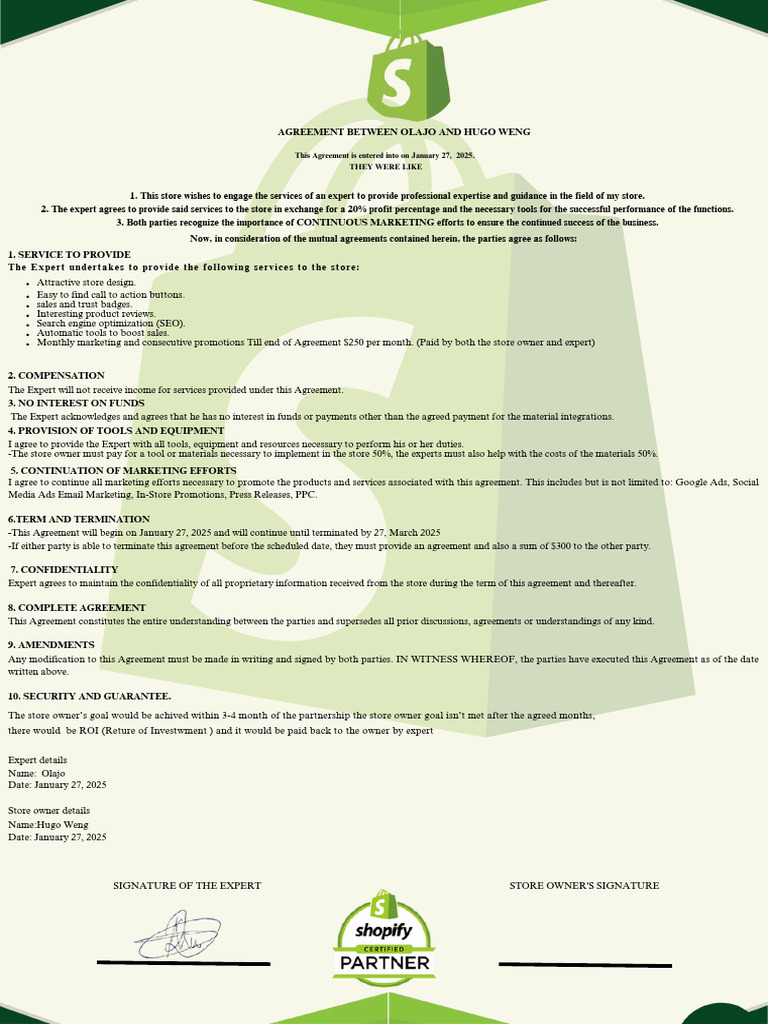 Shopify Agreement Between Olajo and Hugo Weng | PDF | Business | Economies