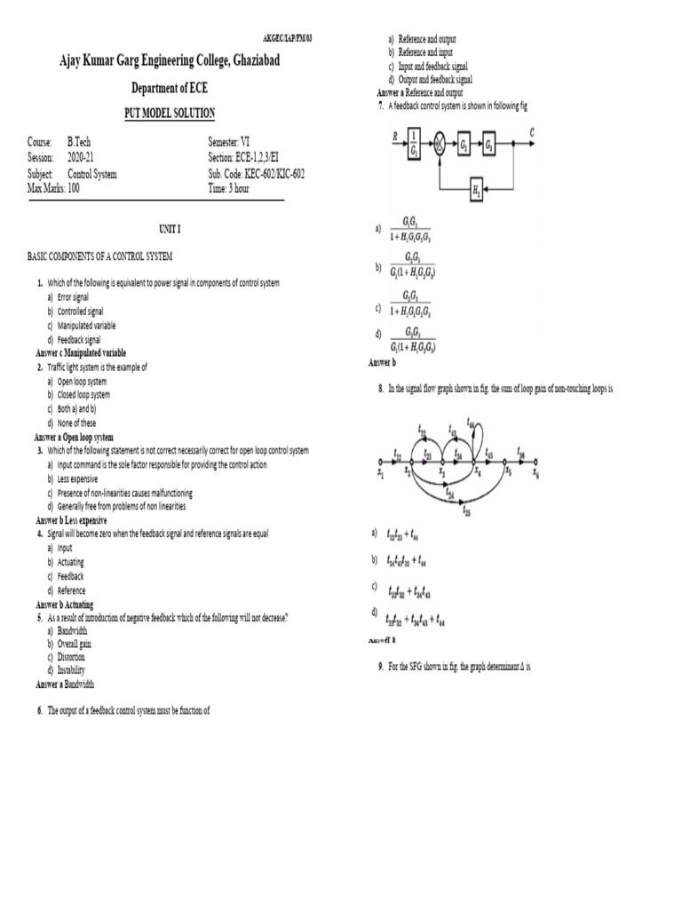 Control System KEC-602 KIC-602 PUT QP With Sol Even 20-21 | PDF | Control Theory | Mathematical ...