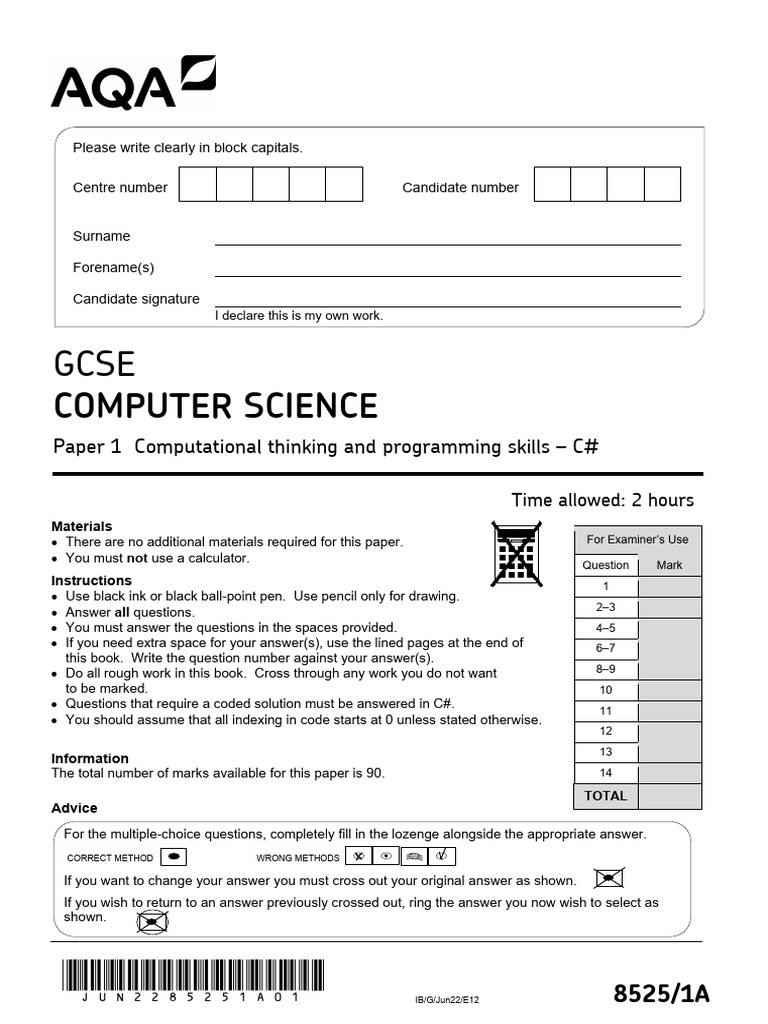 June 2022 QP - Paper 1A AQA Computer Science GCSE | PDF | Software ...