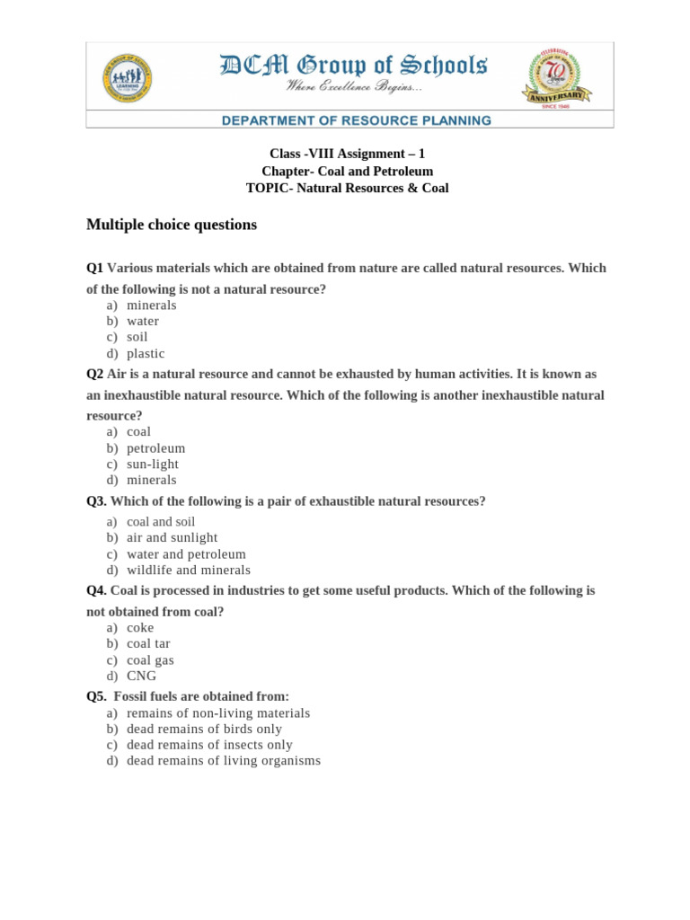 Class 8 - Assignment 1. Chapter Coal and Petroleum | PDF