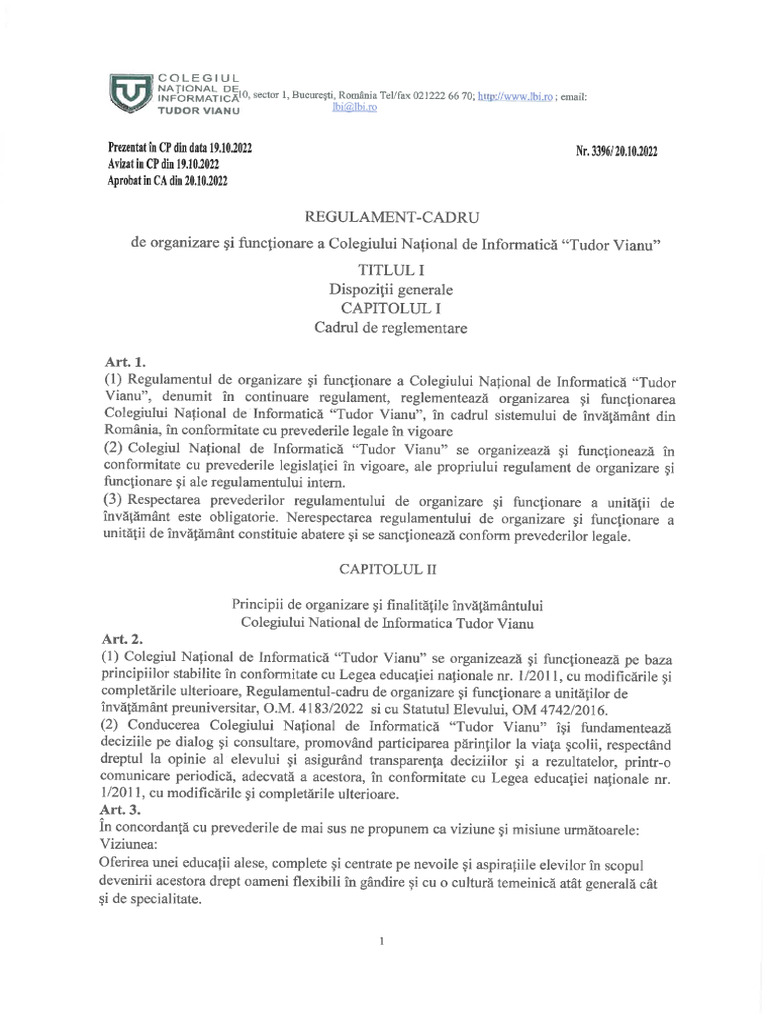 Regulament Cadru de Organizare Si Functionare 2022 | PDF