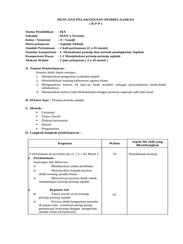 RPP Aqidah Akhlak Kelas X MA | PDF