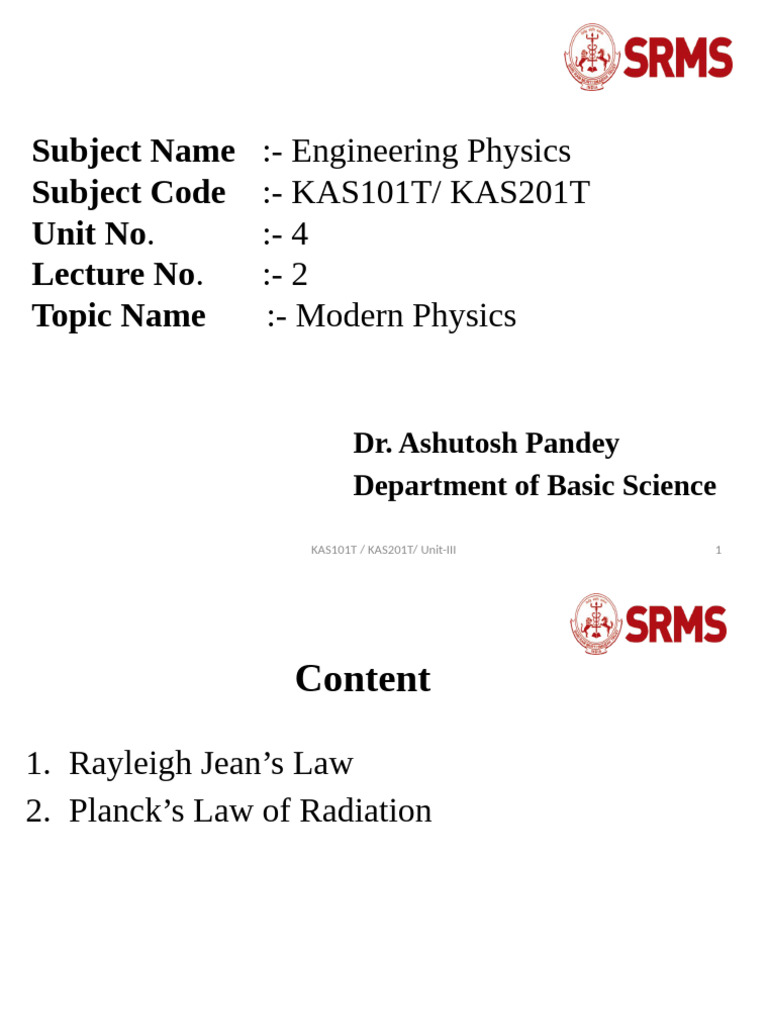 BAS201 Inadequacy of Classical Physics, Relaigh and Plancks Law | PDF