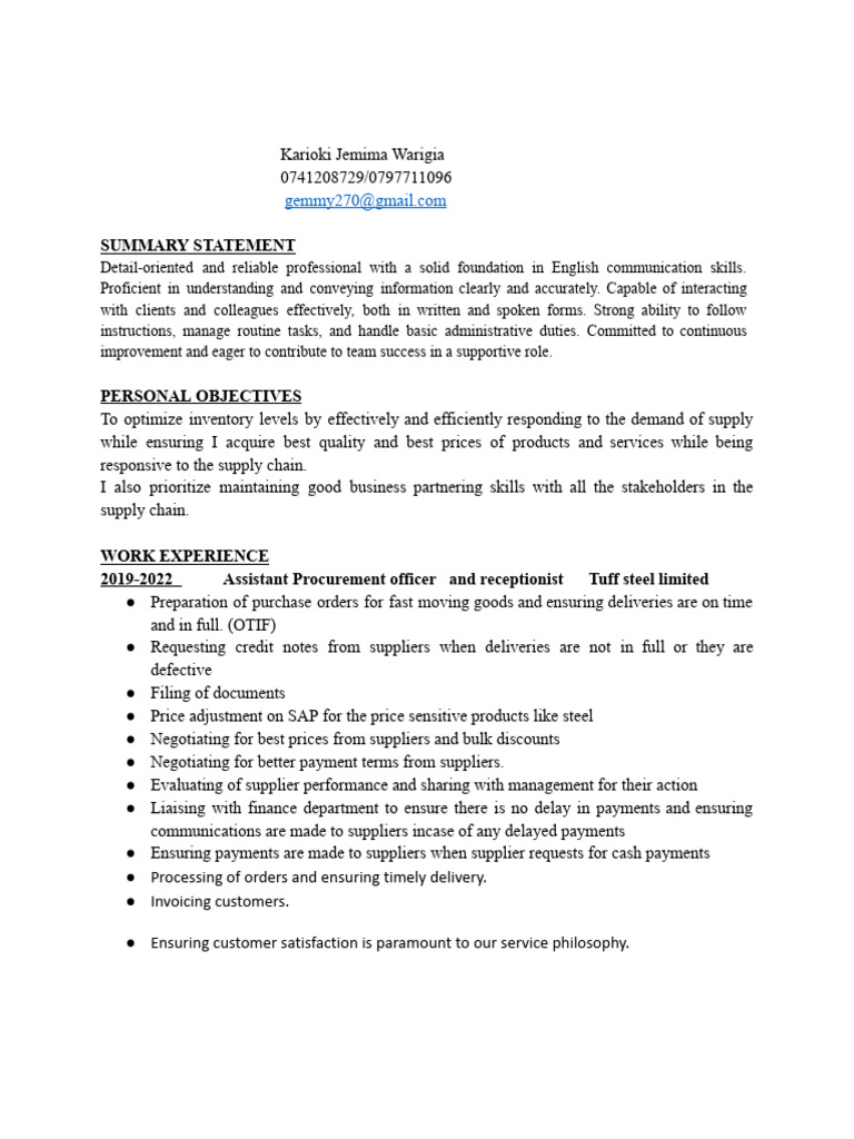 Jemimah KARIOKI CV1.docx (. 3) | PDF | Supply Chain | Business