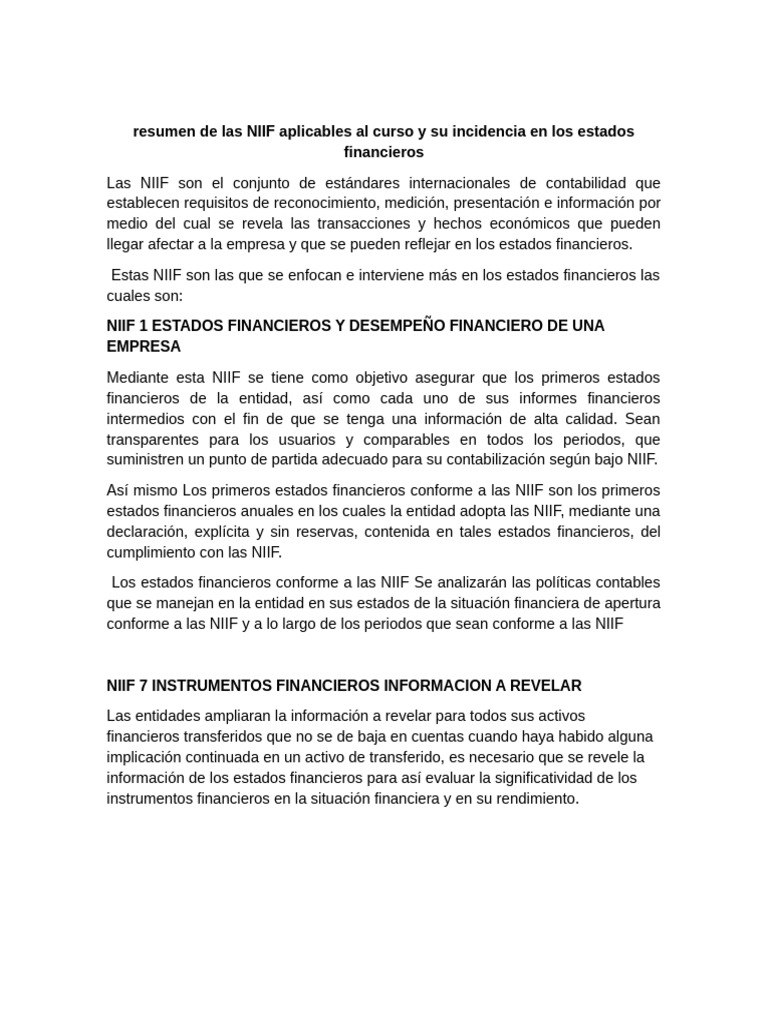 Resumen de Las NIIF Aplicables Al Curso y Su Incidencia en Los Estados ...