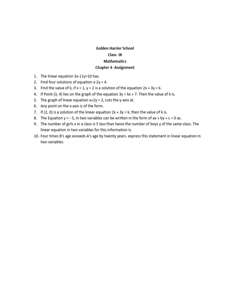 Class - IX Maths Ch-4 Assignment-2 | PDF