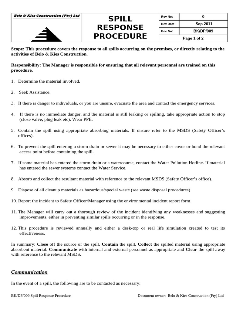 BK - DP.009 Spill Response Procedure | PDF | Emergency | Safety
