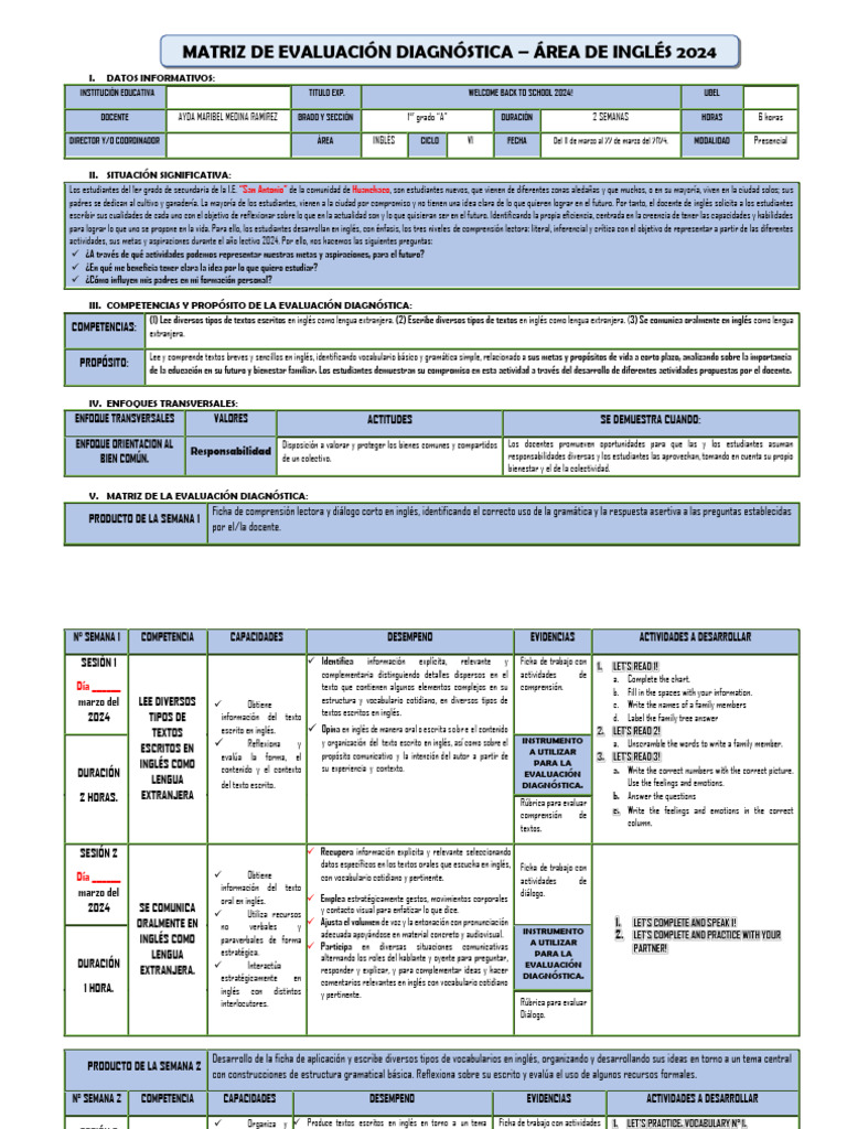 Matriz de La Evaluación Diagnóstica 2024 | PDF | Evaluación | Idioma en ...