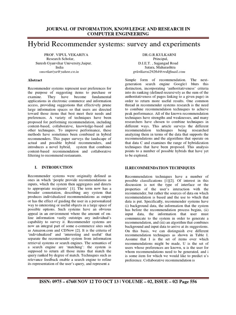 Hybrid Recommender Systems Survey and Experiments | PDF | Information | Computing