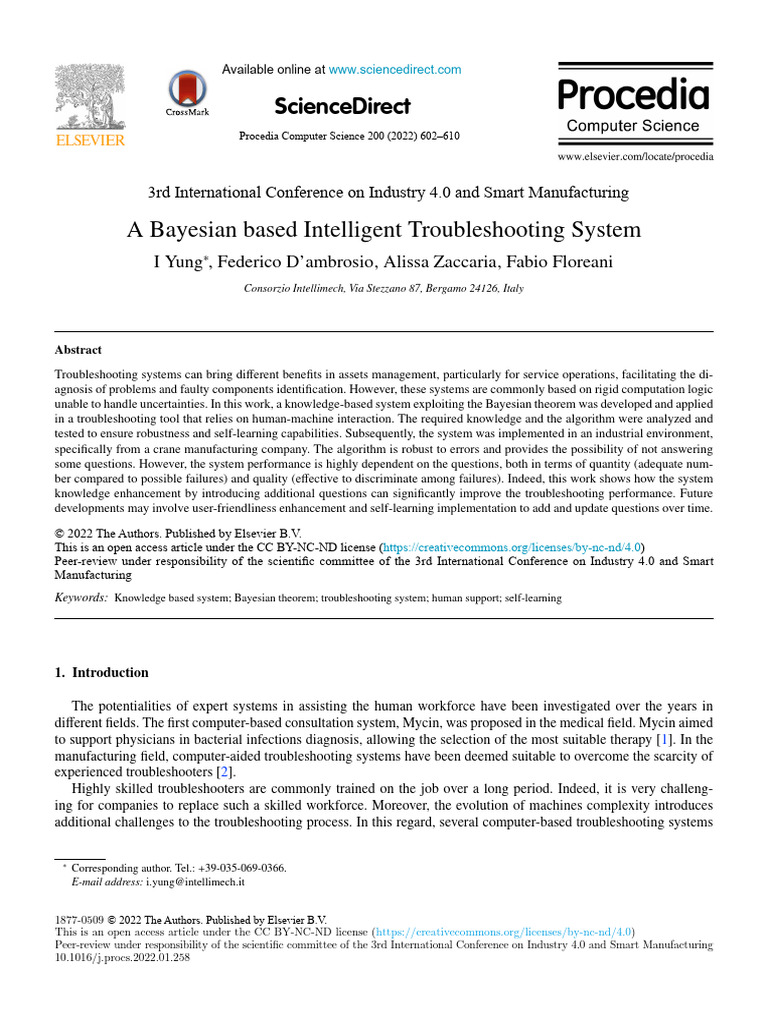 A Bayesian Based Intelligent Troubleshooting Sy 2022 Procedia Computer Scien Pdf