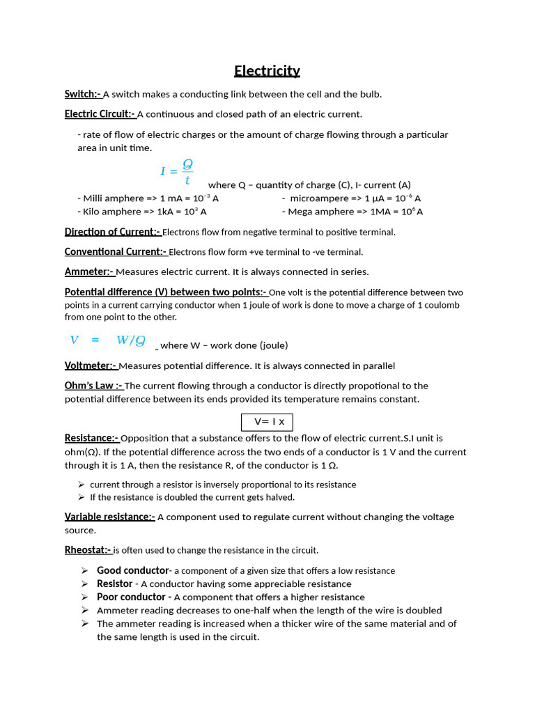 Grade 10 Electricity Notes Summary | PDF | Voltage | Electric Current