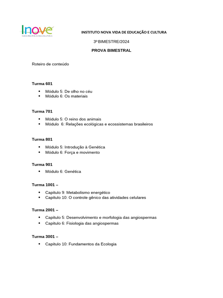 ROTEIRO PROVA 3º BIM 2024 | PDF