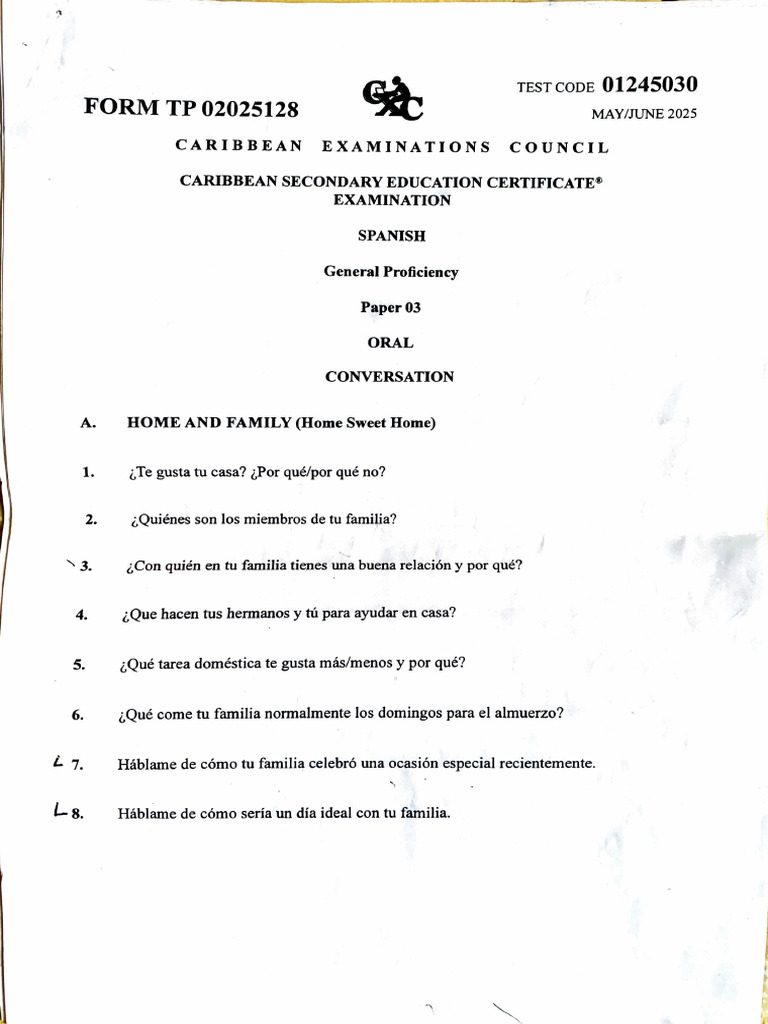 Examen Oral de Español CSEC 2025 | PDF