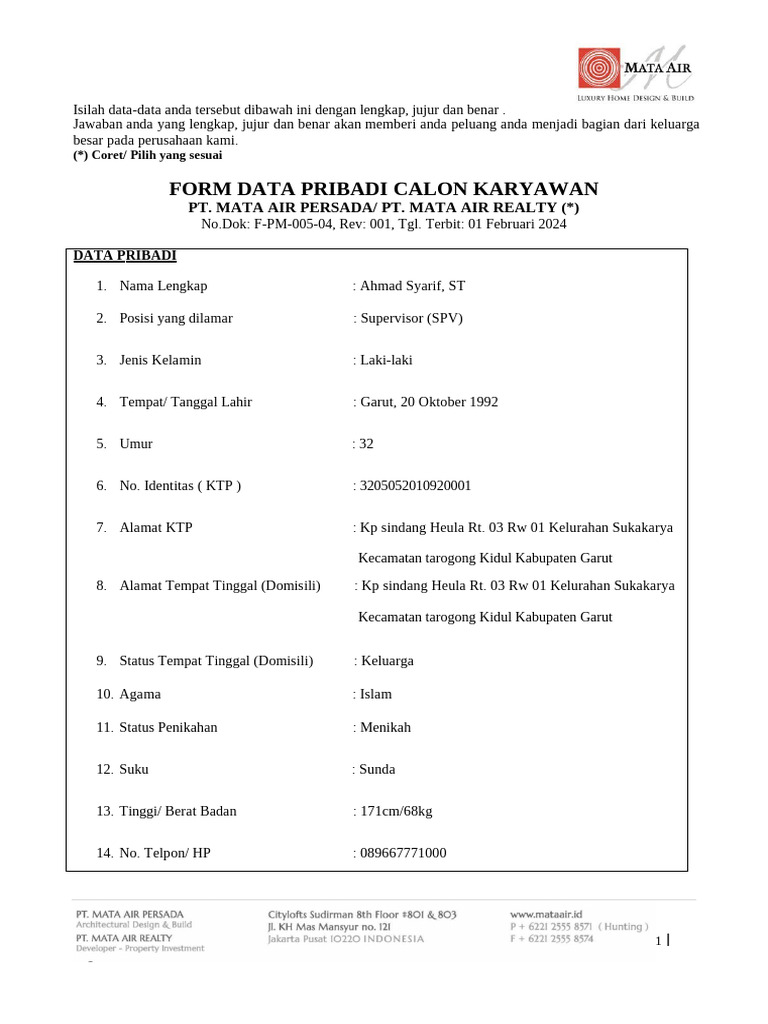 Form Pengisian Data Diri Applicant | PDF
