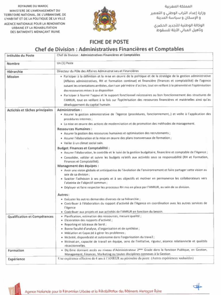 Fiche Poste Chefde Division Administratives Financiereset Comptables | PDF