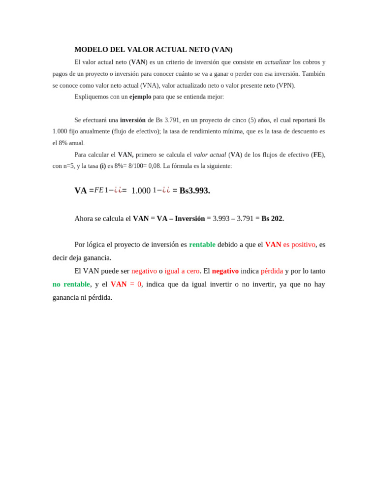 MODELO DE VALOR ACTUAL NETO (VAN) | PDF