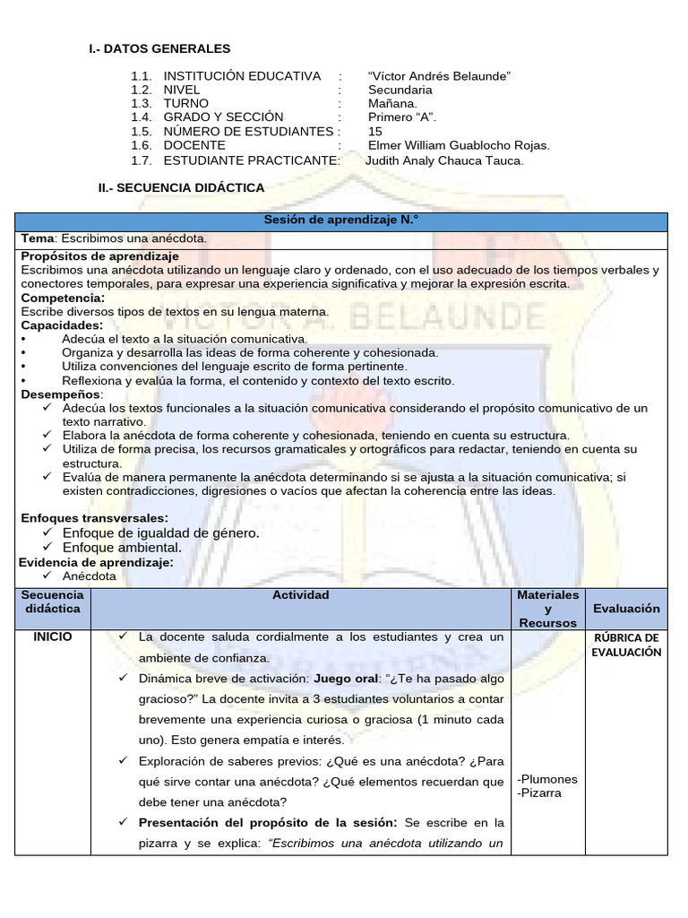SESIÓN SOBRE LA ANÉCDOTA 1° DE SECUNDARIA | PDF | Aprendizaje | Lingüística