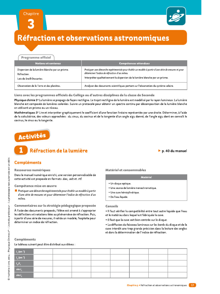Manuel 2nd - Hachette - Livre Du Professeur - Refraction | PDF