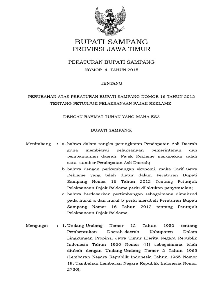 Perbup No 4 Tahun 2015 Tentang Perubahan Peraturan | PDF