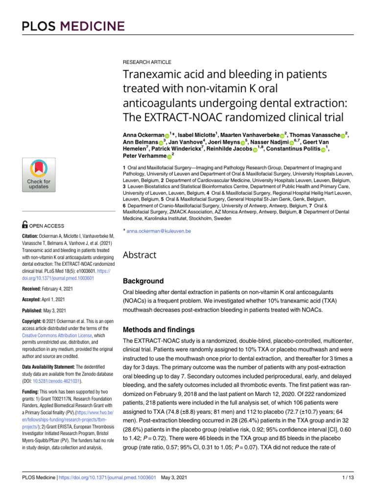 Tranexamic Acid and Bleeding in Patients | PDF | Health Care | Medicine