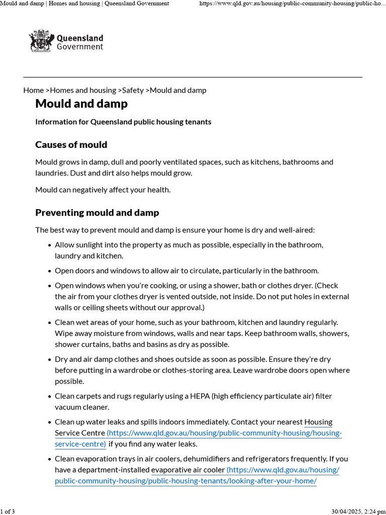 Mould and Damp - Homes and Housing - Queensland Government | PDF | Mold ...