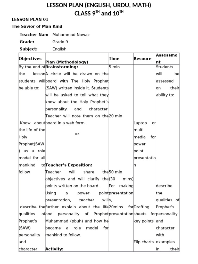 Lesson Plans for Grades 9-10: English & Urdu | PDF | Cloud | Substance ...