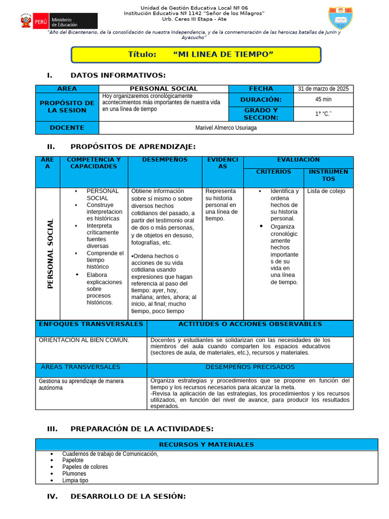Línea de Tiempo Personal para 1° C | PDF | Salón de clases | Aprendizaje
