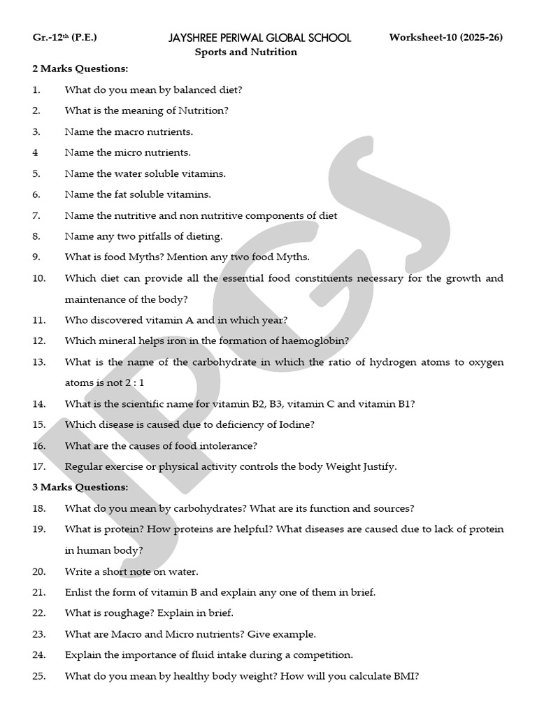 Sports Nutrition Worksheet for Grade 12 | PDF | Nutrition | Diet ...
