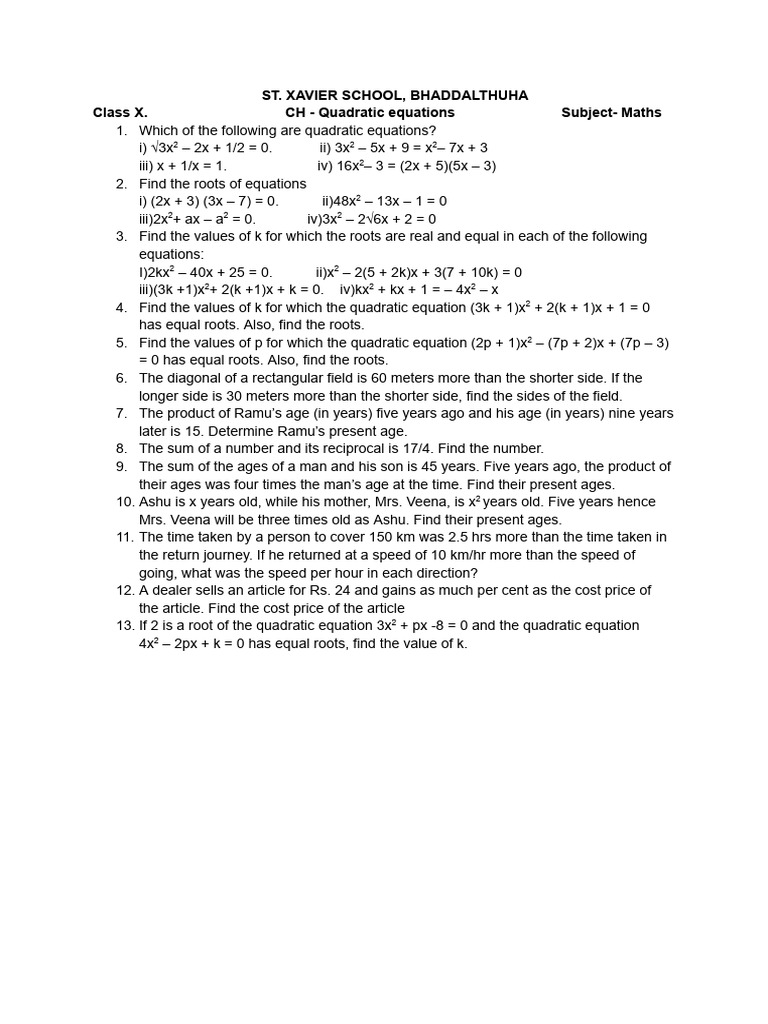 Assignment Quadratic Equations | PDF