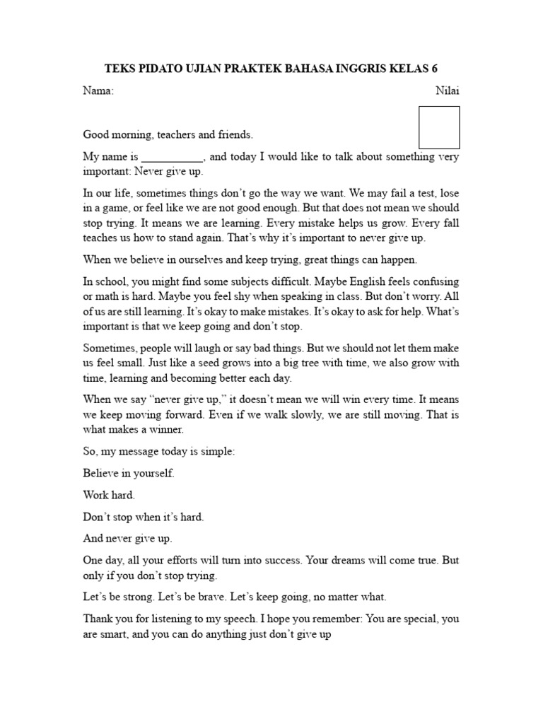 Never Give Up: Inspiring Speech for 6th Grade | PDF
