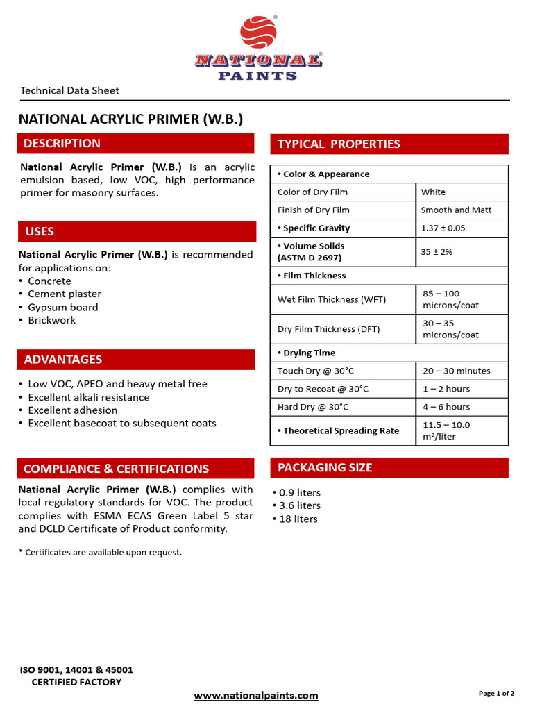 National Acrylic Primer (W.B.) Specs | PDF | Paint | Acrylic Paint